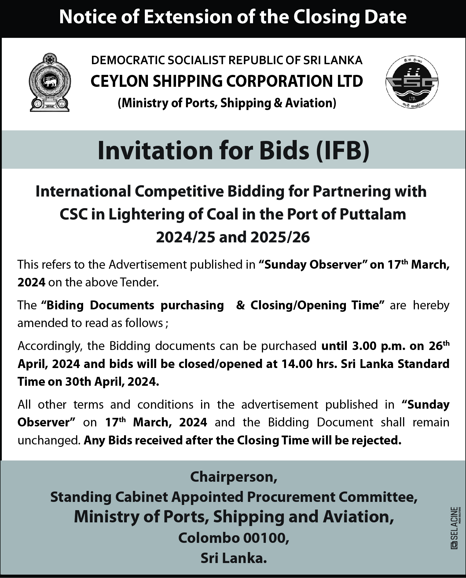 Invitation for Bids - Ceylon Shipping Corporation LTD | Embassy of ...