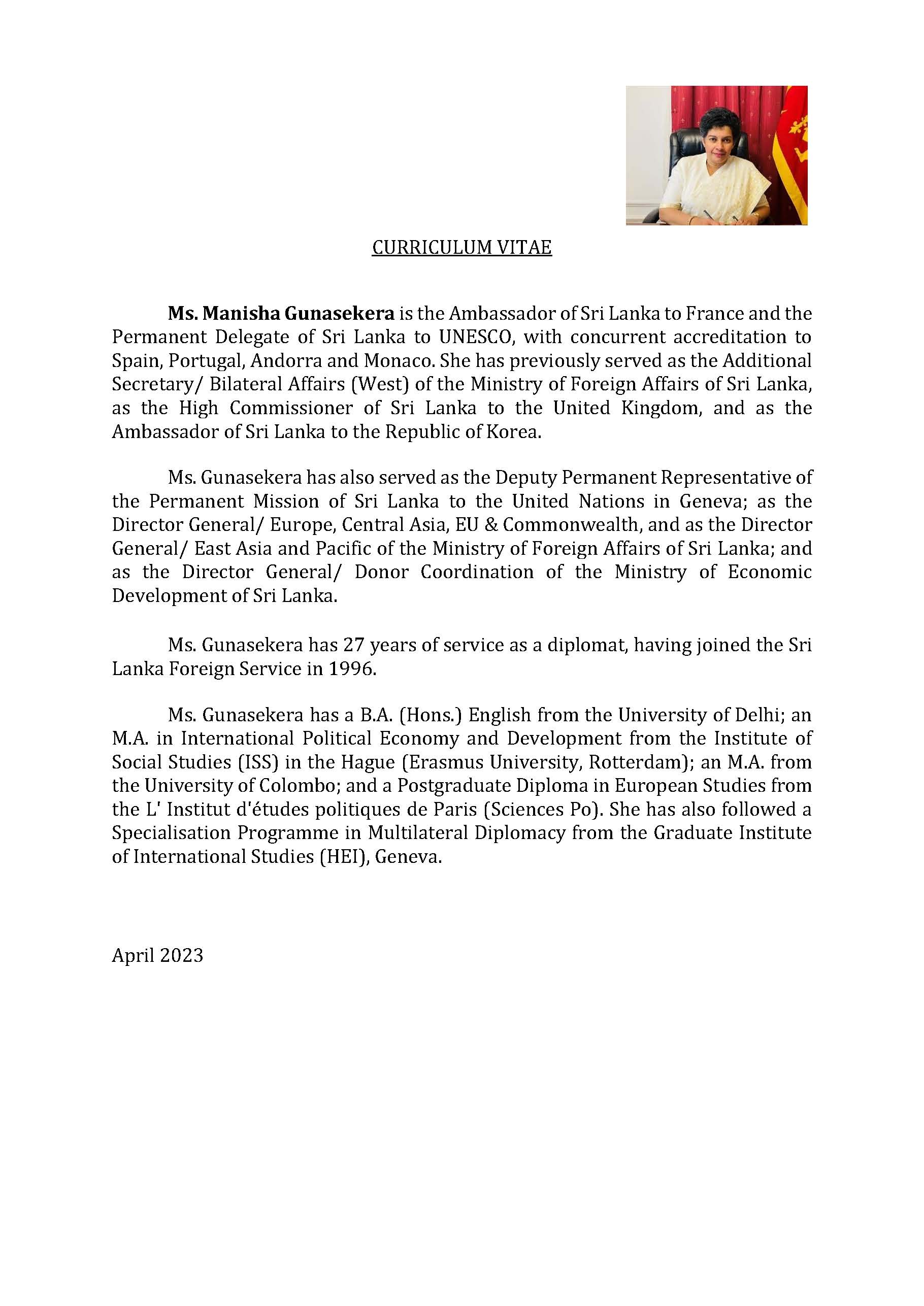 DIPLOMATIC STAFF | Embassy of Srilanka - Paris